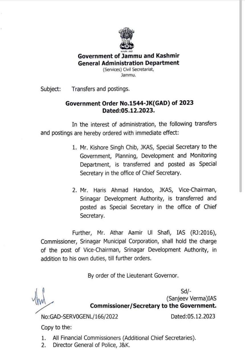 JKAS Officers' Transfers: Read the Official Orders Here - Wattan Daily